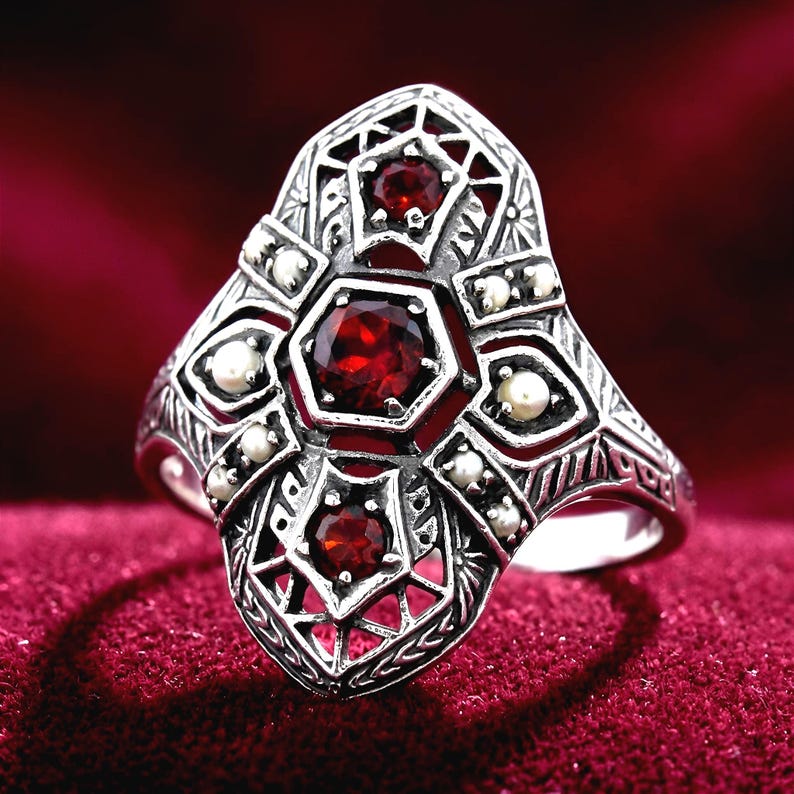 Natural Garnet and Pearl Ring Art Nouveau Inspired 925 Sterling Silver ...