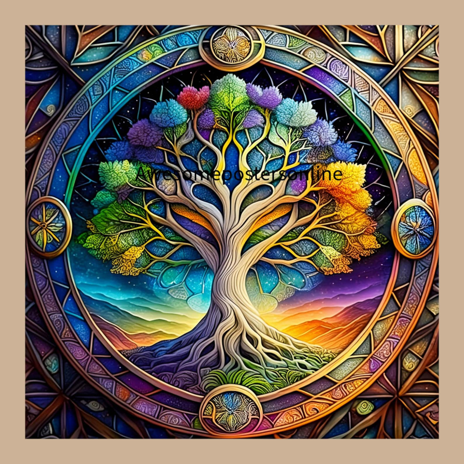 Beautiful Colorful Tree of Life Intricate Stained Glass Style Design ...