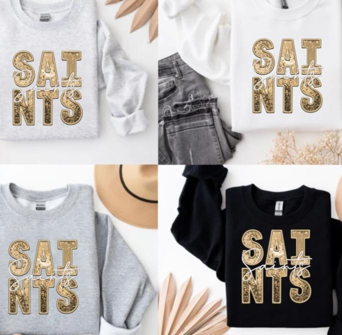 Saints faux Sequin White Print, Saints Sweatshirt, Black & Gold, New ...