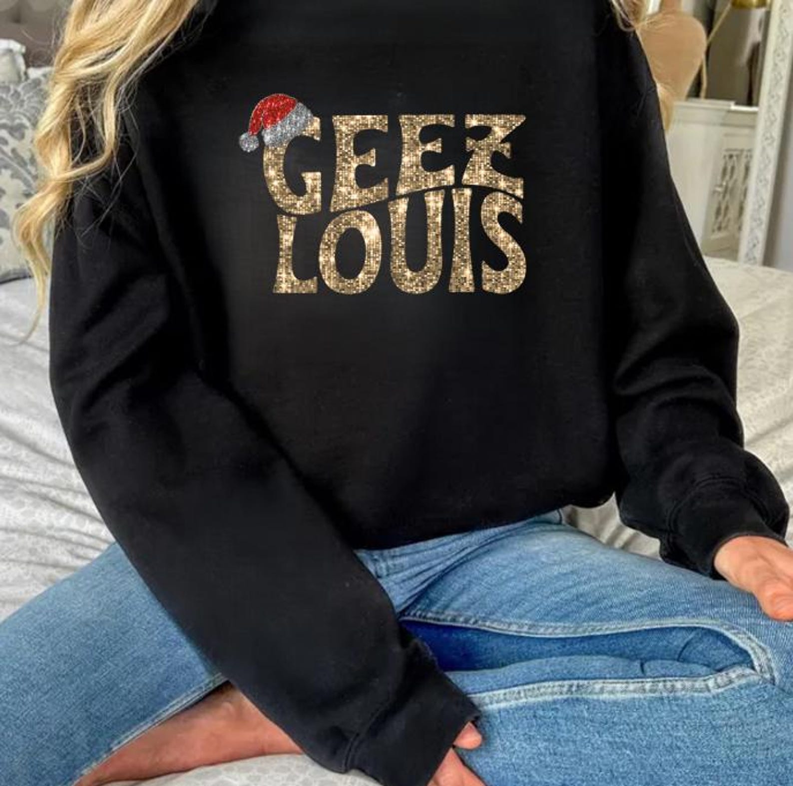 Geez Louis Christmas faux Sequin/glitter, Christmas Sweatshirt, Holiday ...