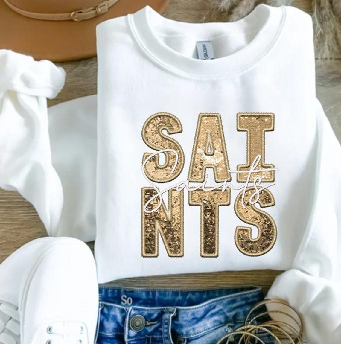 Saints faux Sequin White Print, Saints Sweatshirt, Black & Gold, New ...
