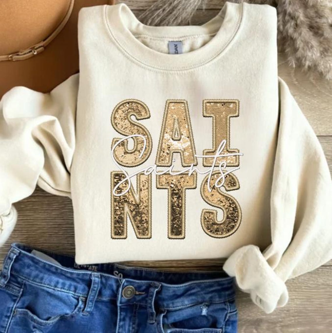 Saints faux Sequin White Print, Saints Sweatshirt, Black & Gold, New ...