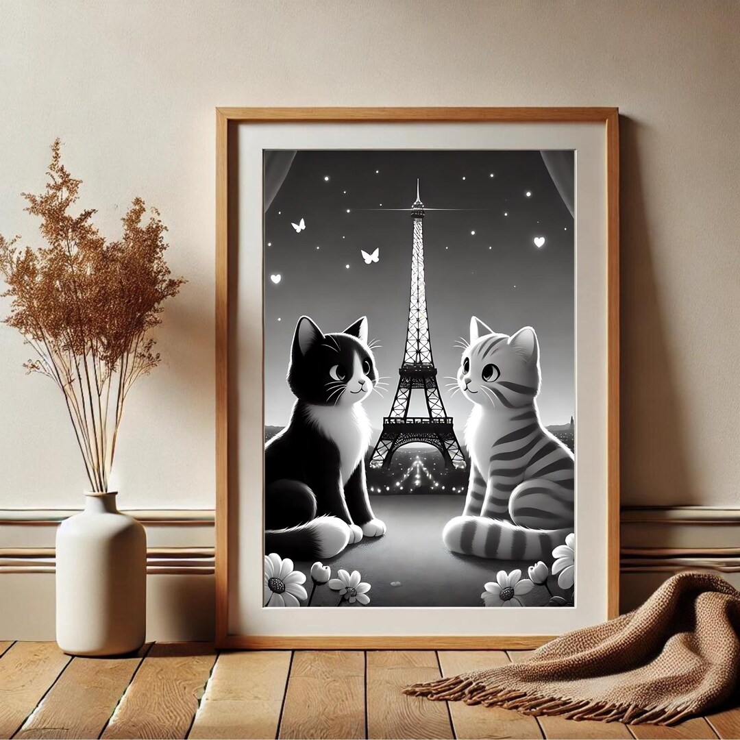 Parisian Cat Romance Digital Art, AI Art, Cute Art, Cat Drawing ...