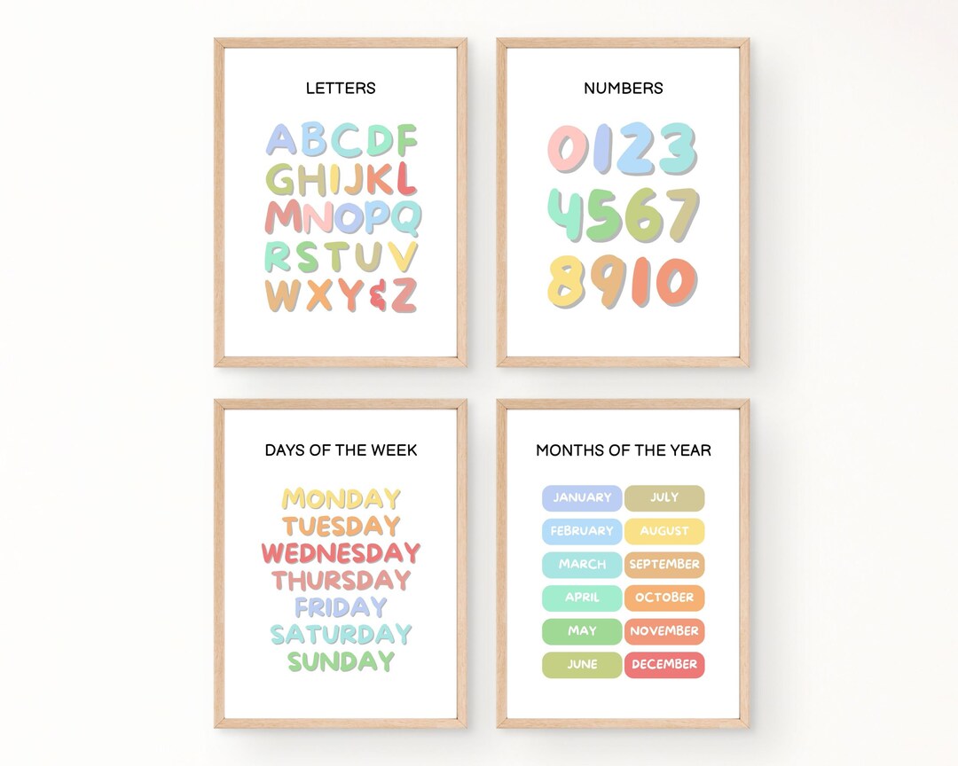 Set of 4 Educational Wall Art, Letters, Numbers, Days, Months ...