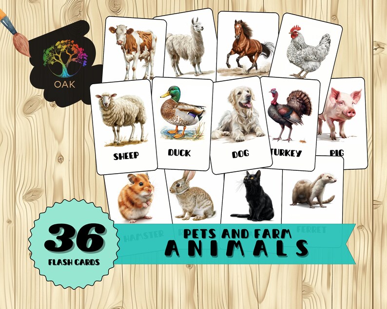36 Pets and Farm Animals Flashcards Montessori Education for Kids ...