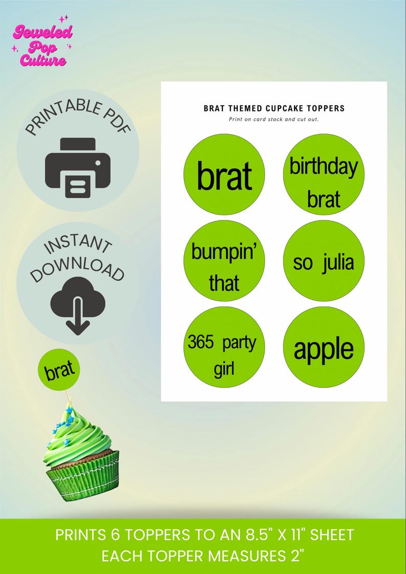 Printable Brat Cupcake Toppers, Brat Summer, Brat Birthday, Brat ...