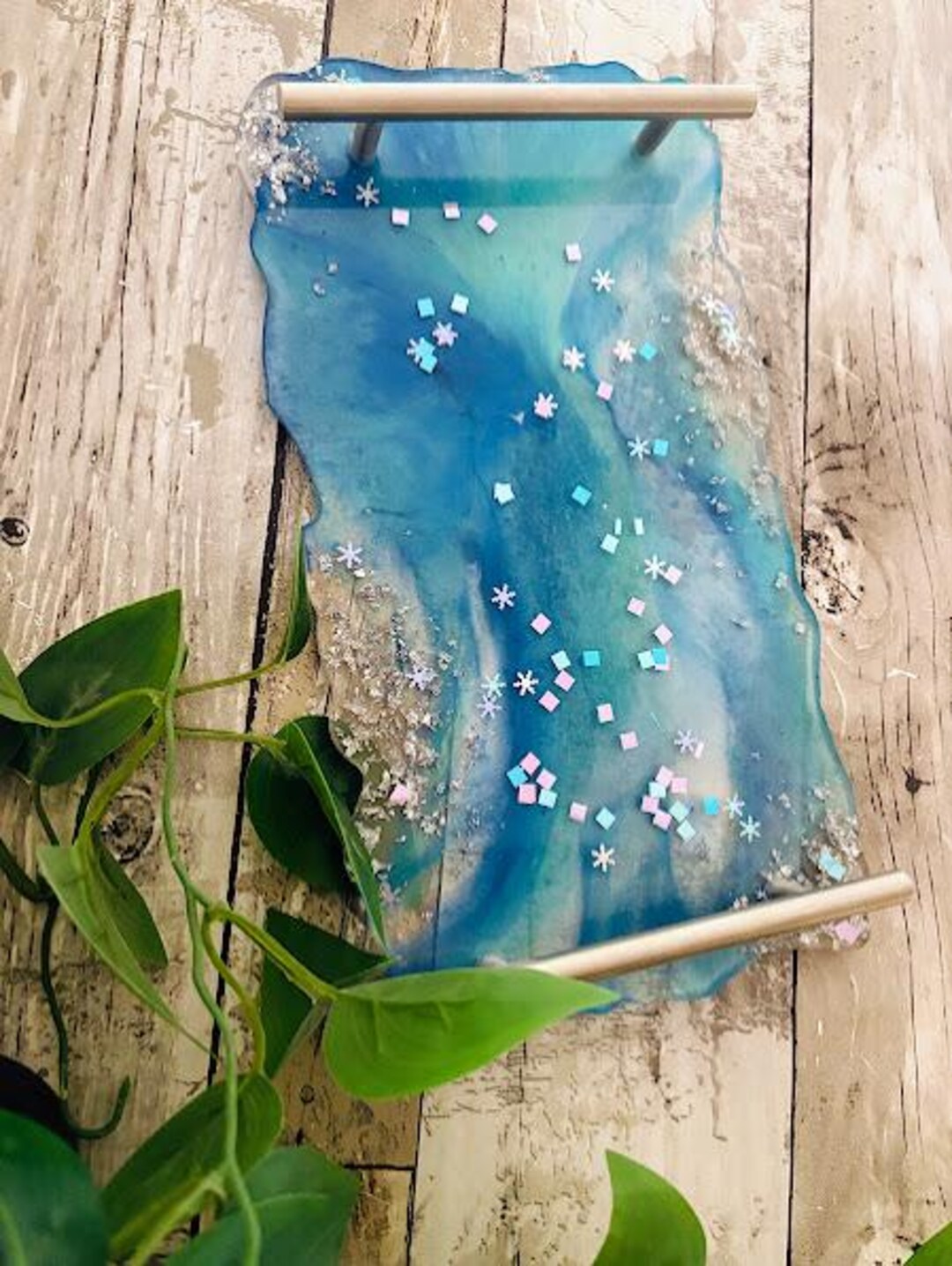 Blue Resin Tray With Silver Leaf & Snowflakes-handmade Winter Trinket ...
