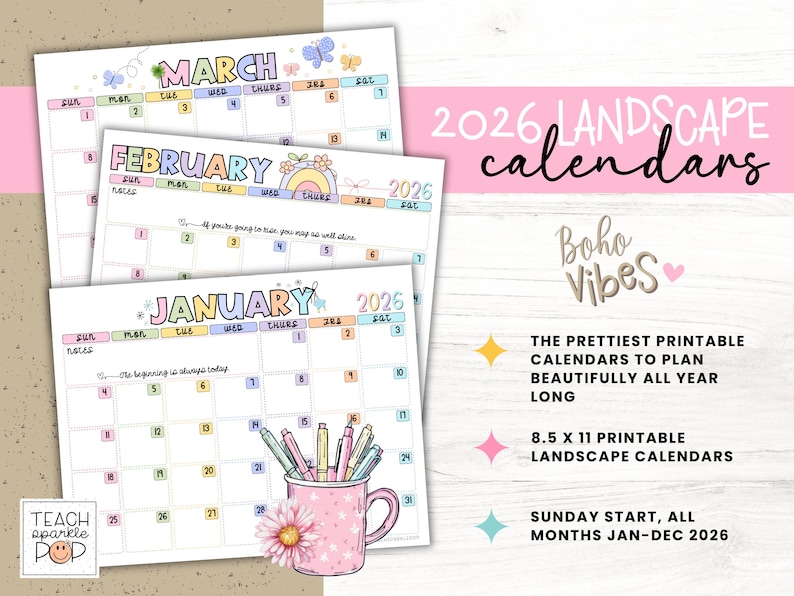 2026 Landscape Calendar | Sunday Start Printable (PDF Download) - Etsy