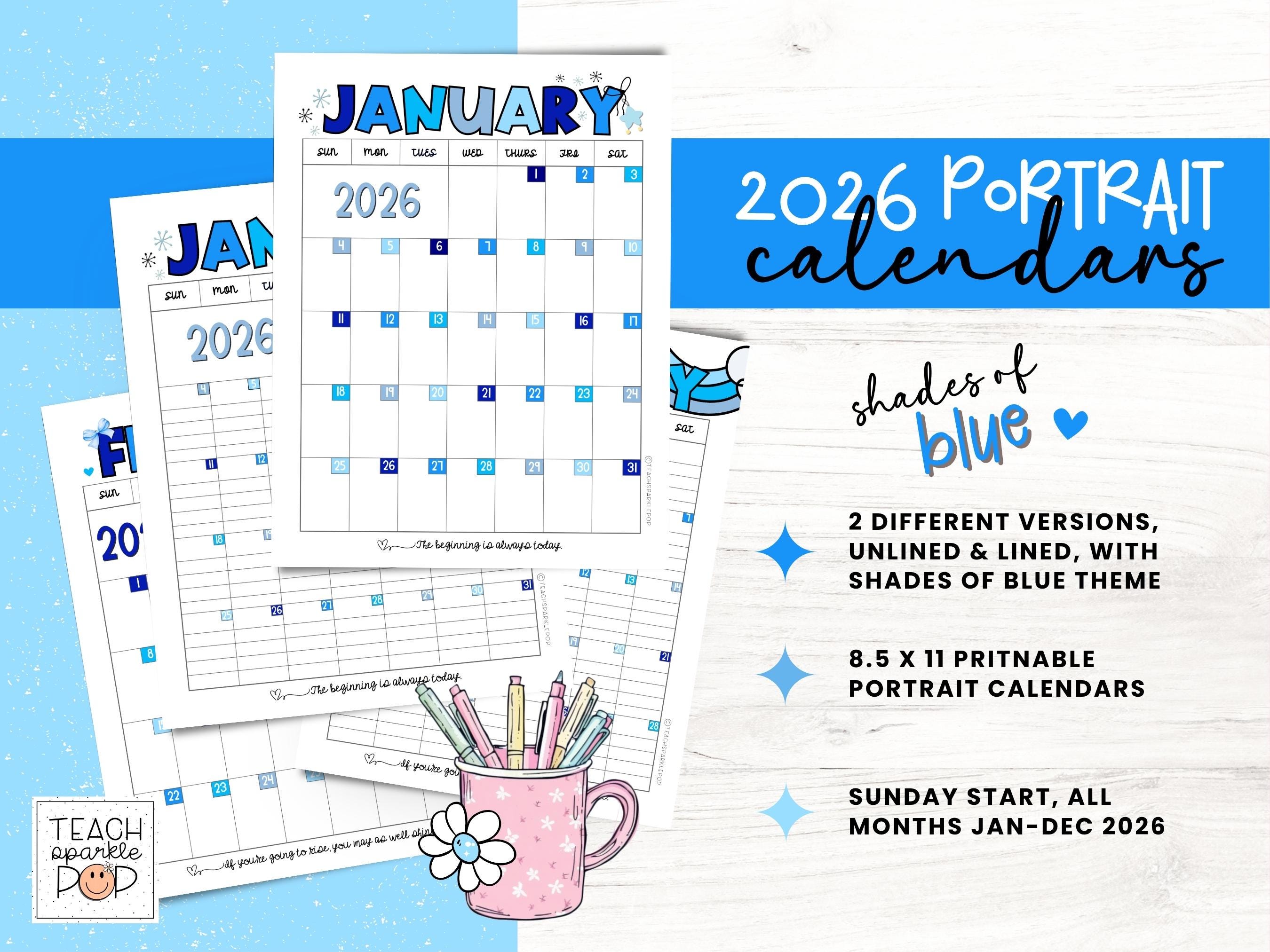 2026 Printable Monthly Calendar: Blue Portrait Design (8.5x11 PDF ...