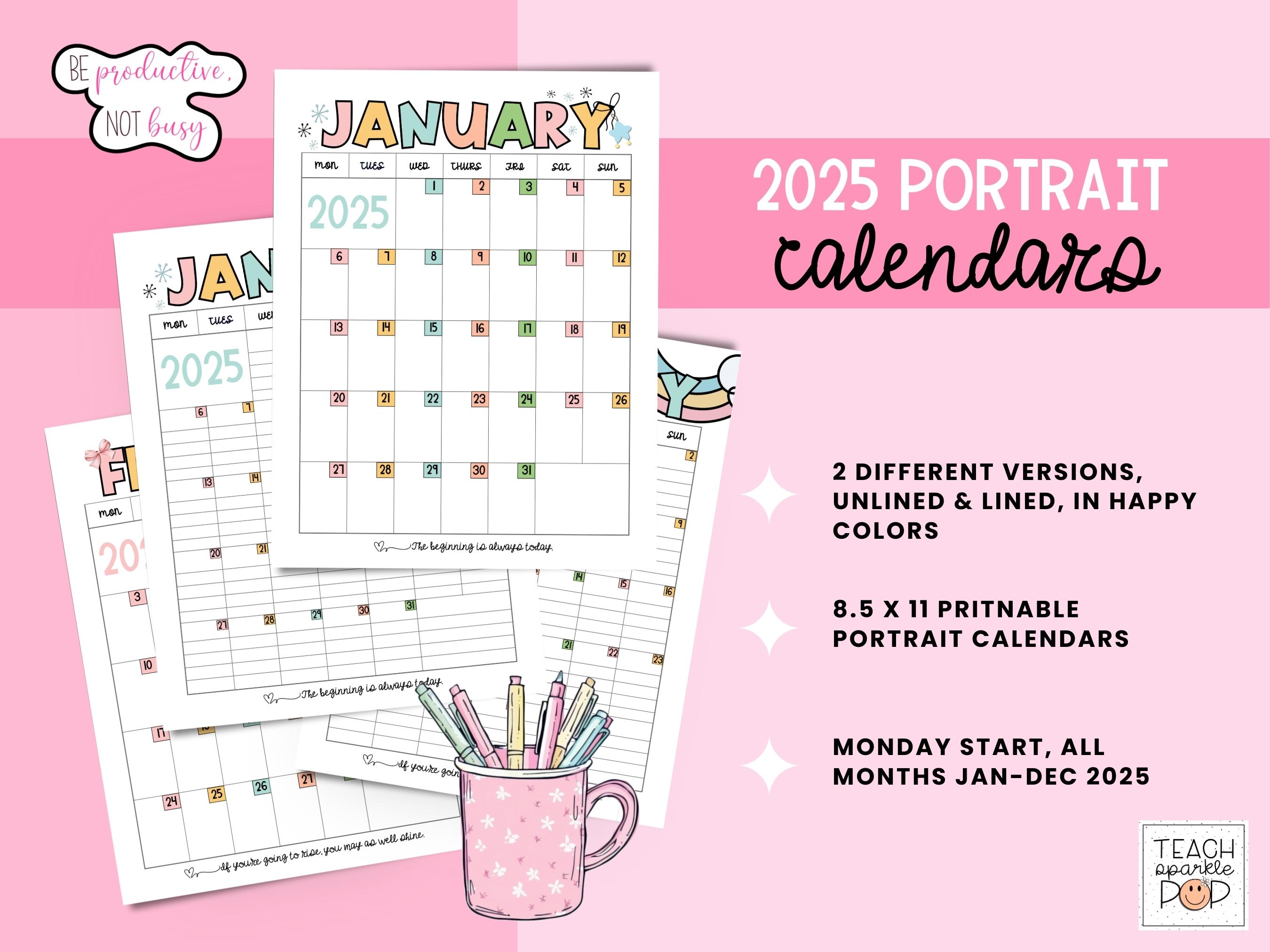 2025 Portrait Lined & Unlined Monthly Calendars | PORTRAIT | 8.5x11 ...