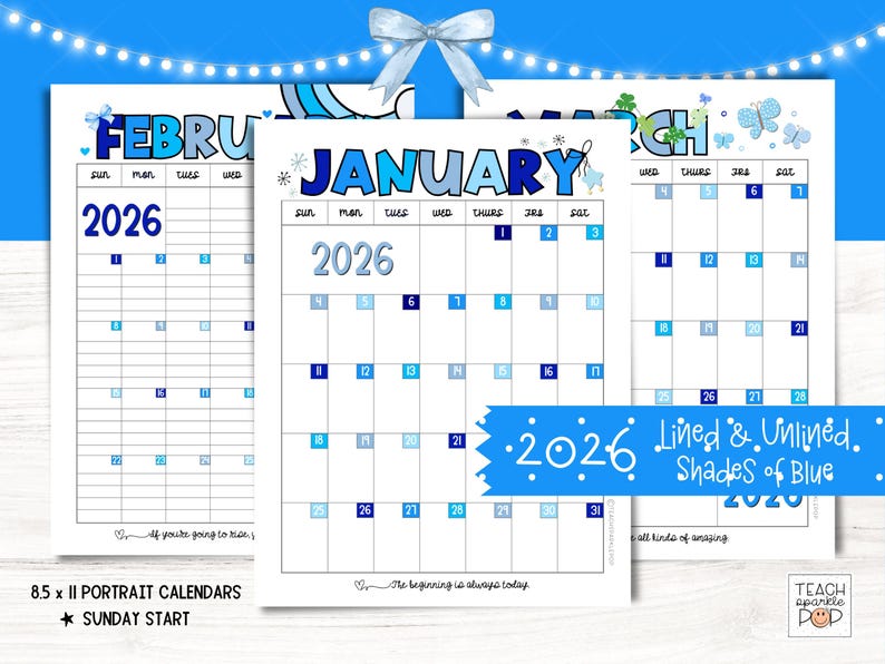 2026 Printable Monthly Calendar: Blue Portrait Design (8.5x11 PDF ...