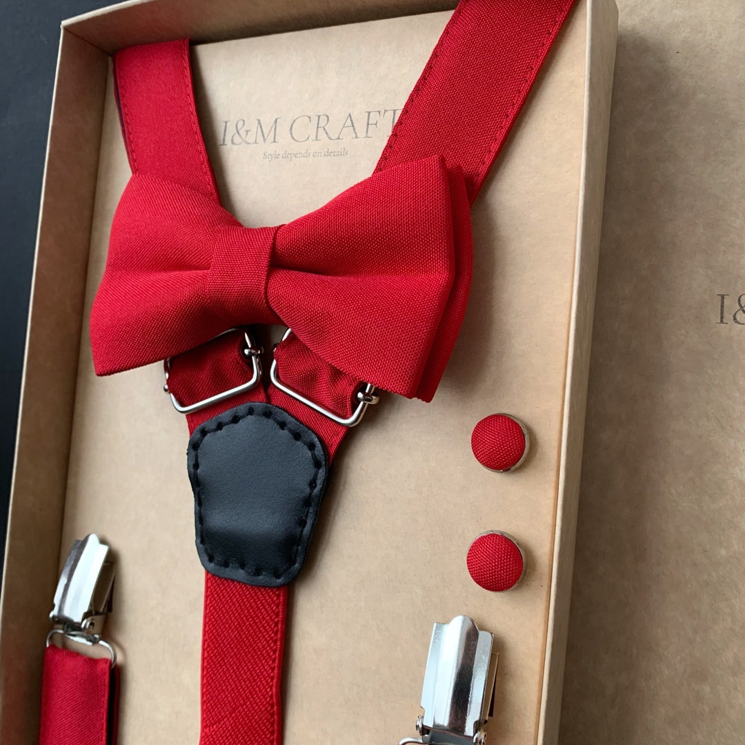 Mens Set Red Bow Tie Suspenders Cufflinks For Wedding To The Prom Etsy