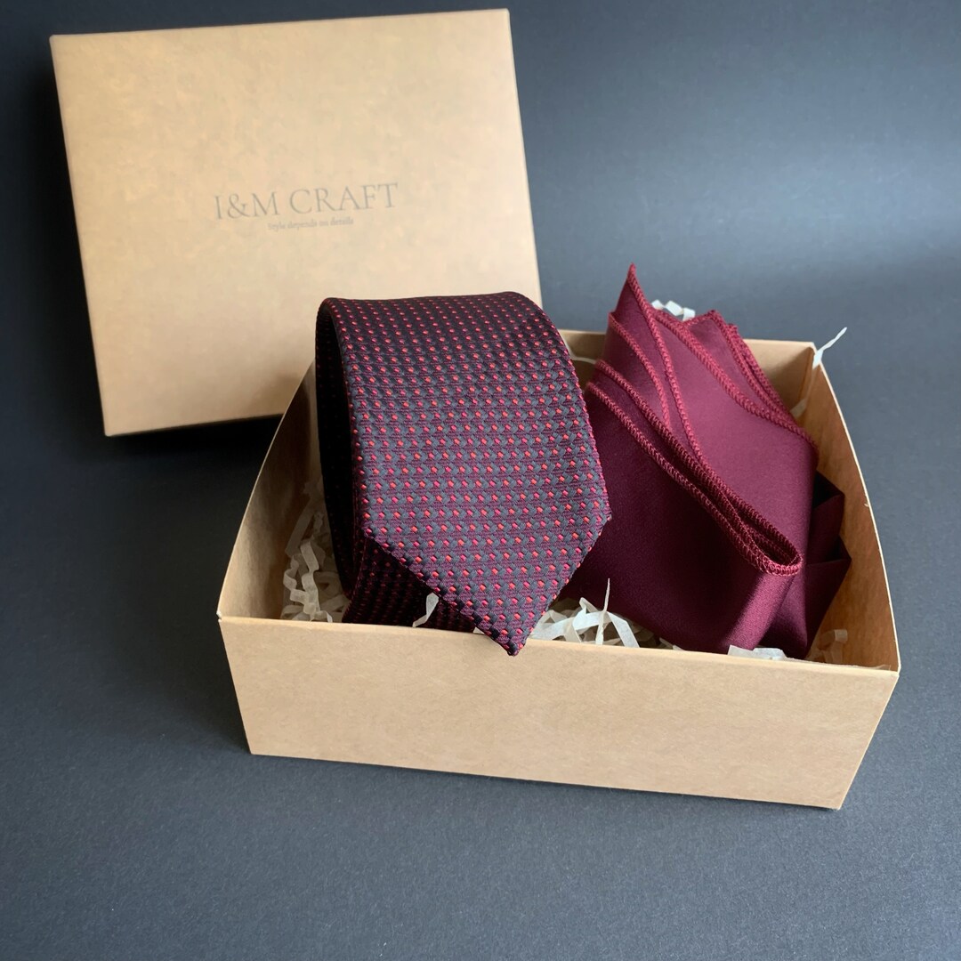 Burgundy Regular Tie + Pocket Square Set Matching Set Mens Gift Grooms ...