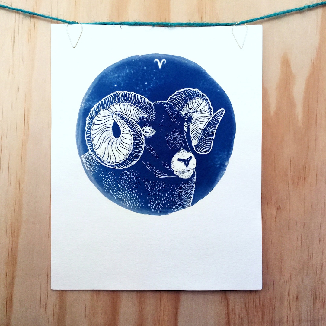 ARIES Cyanotype Print Original Zodiac Illustration - Etsy