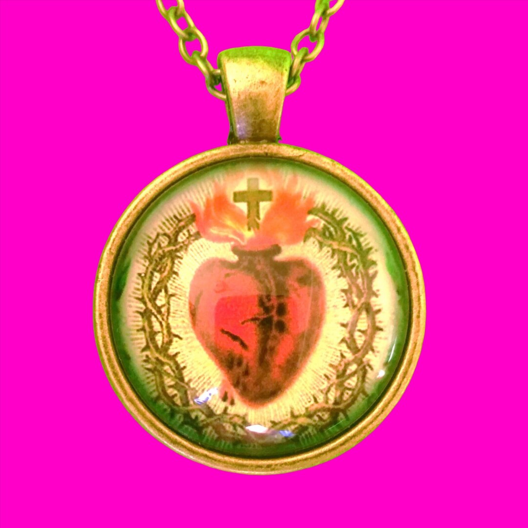Sacred Heart Vintage Illustration Flaming Religious Icon Glass Pendant ...