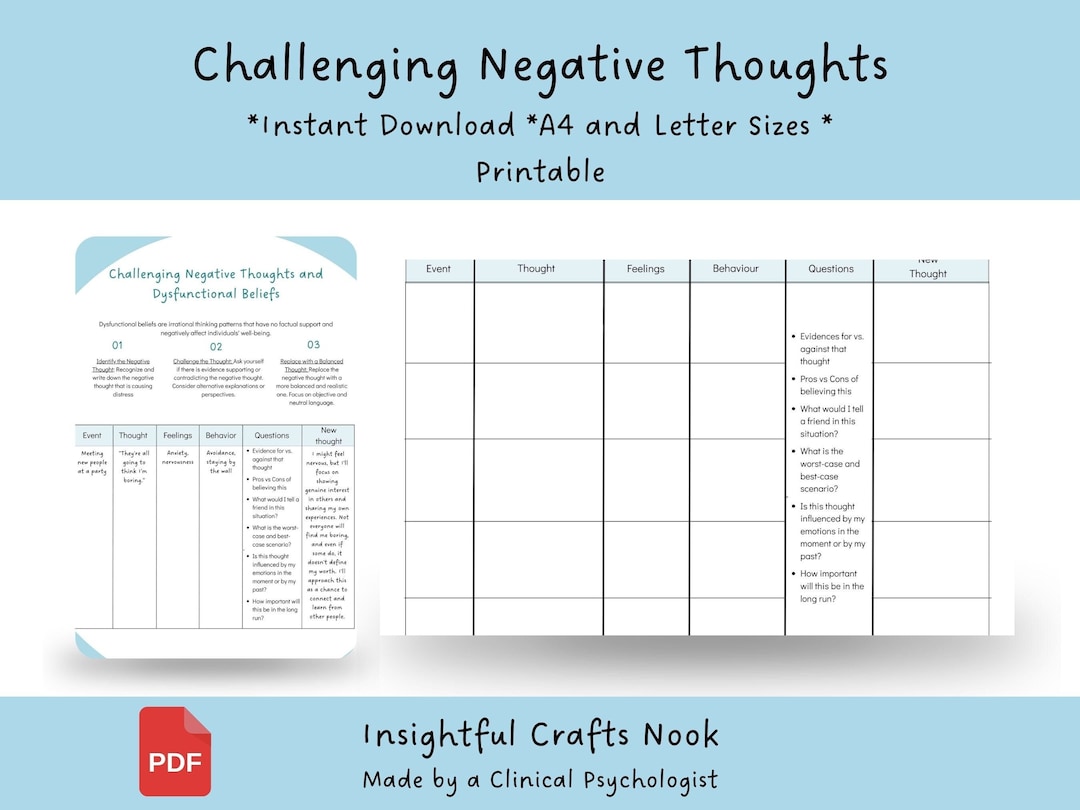 Challenging Negative Thoughts CBT Printable Worksheet Journal Self Help ...