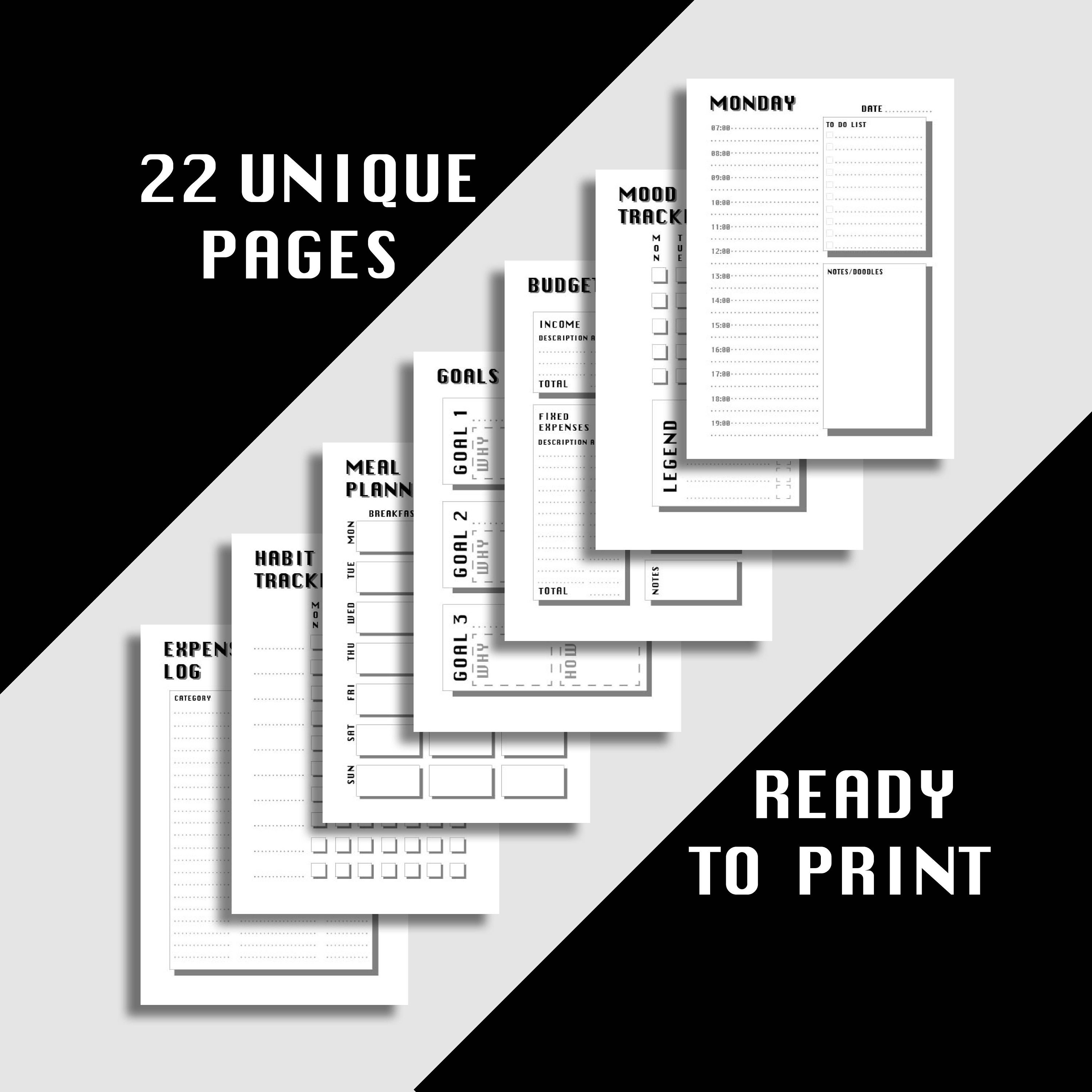 Simple Printable Bullet Journal Monthly Weekly Daily Pages Retro Analog ...