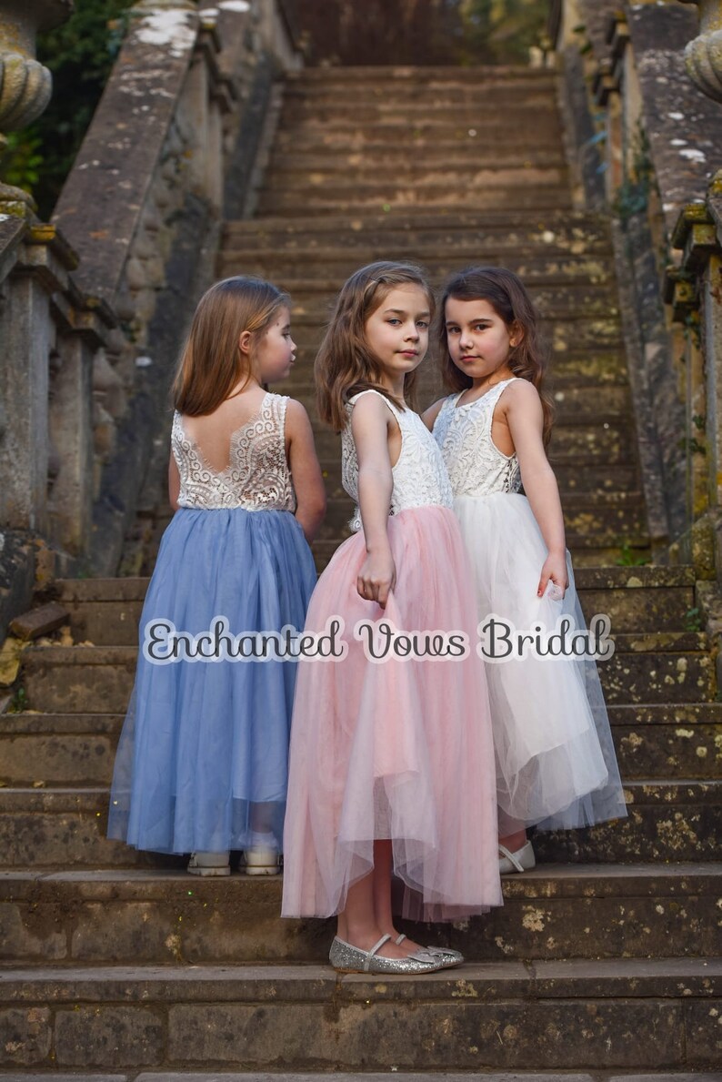 V Back Lace Flower Girl Dress, Tulle Princess Gown, Kids Formal Dress ...