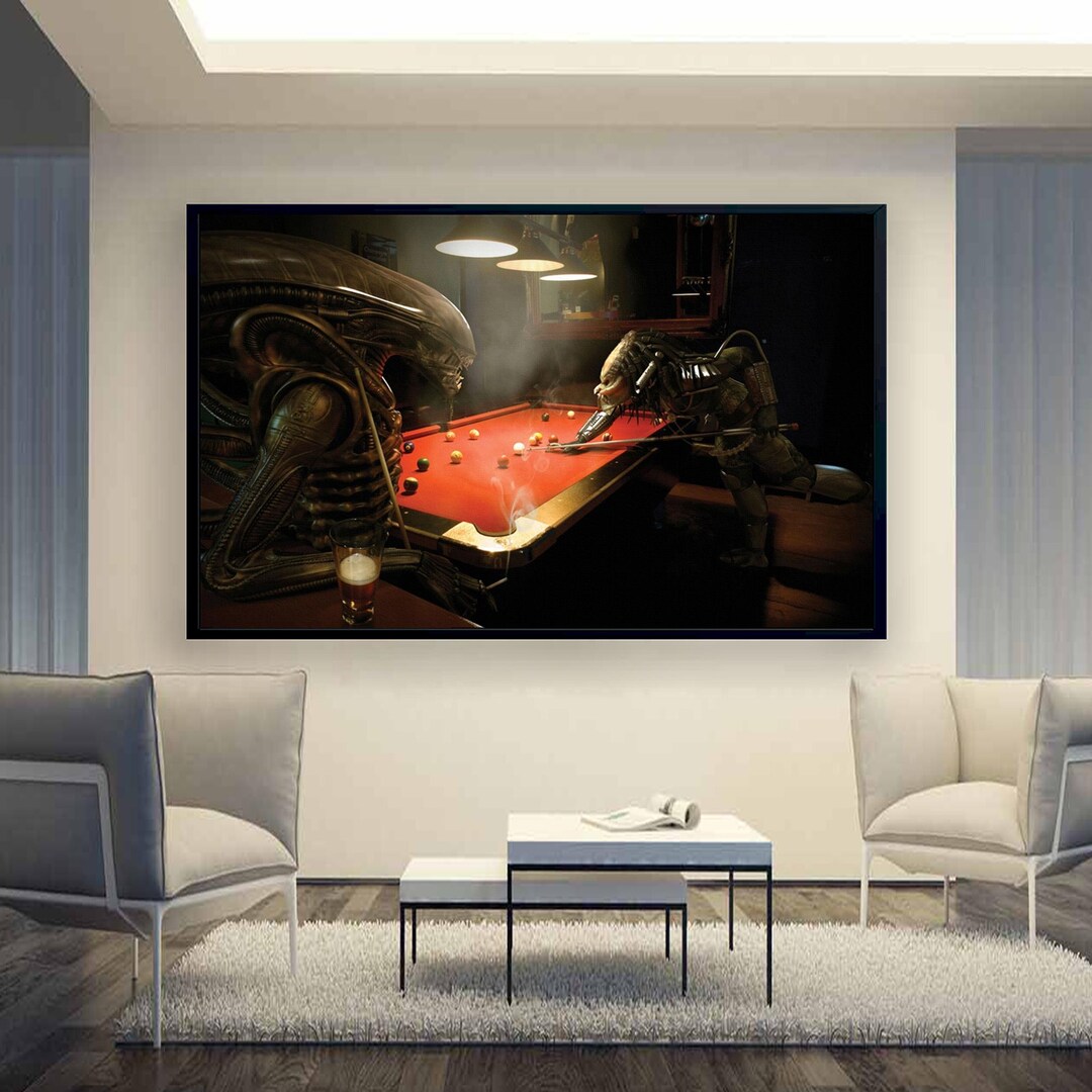 Alien Art Canvas, Alien Vs Predator Playing Pool Printed, Modern Art ...