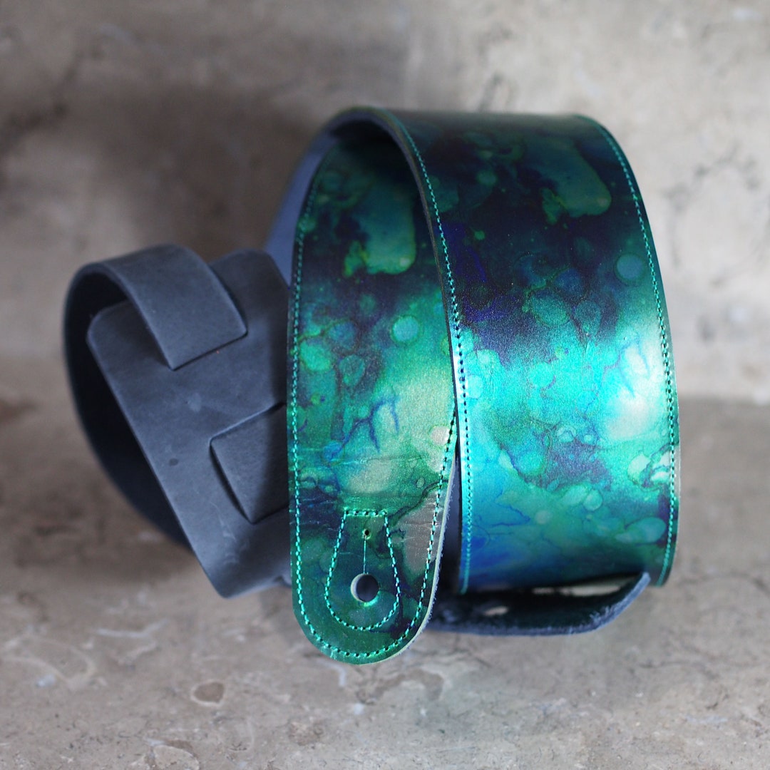 Blue and Green Metallic Watercolor Leather on Blue Leather Guitar Strap ...