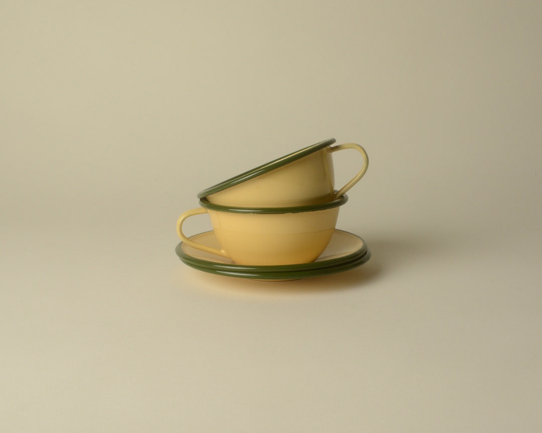 Pair of Enamel Tea Cups With Saucers. - Etsy
