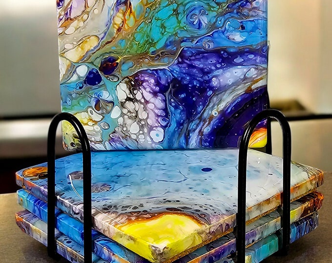 Ceramic Tile Coasters, Set of 4 With Wire Coaster Holder, Acrylic Pour ...