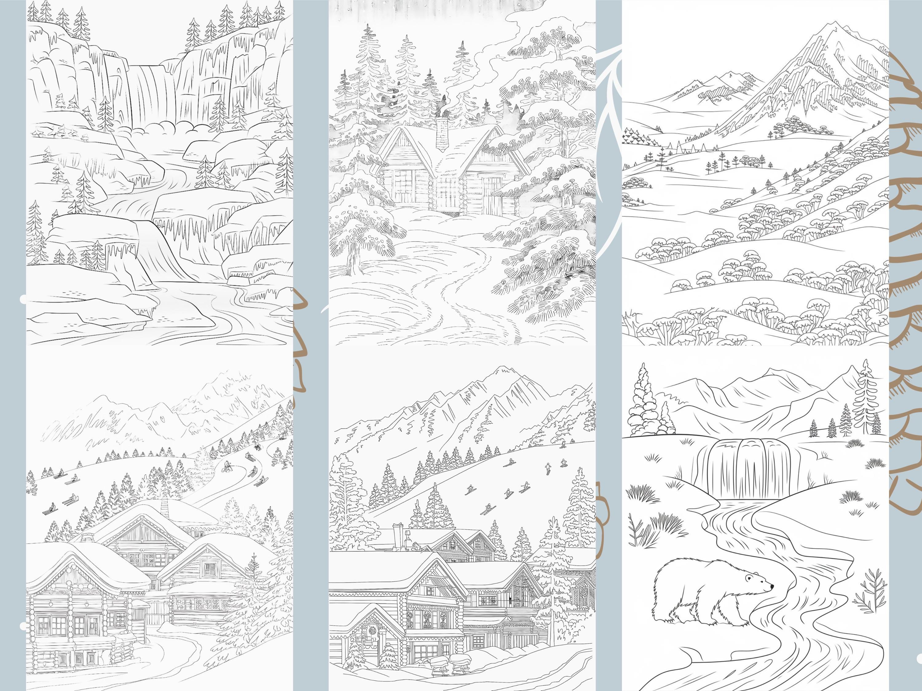 Winter Landscape Coloring Pages, Adult Coloring Book (digital Download ...