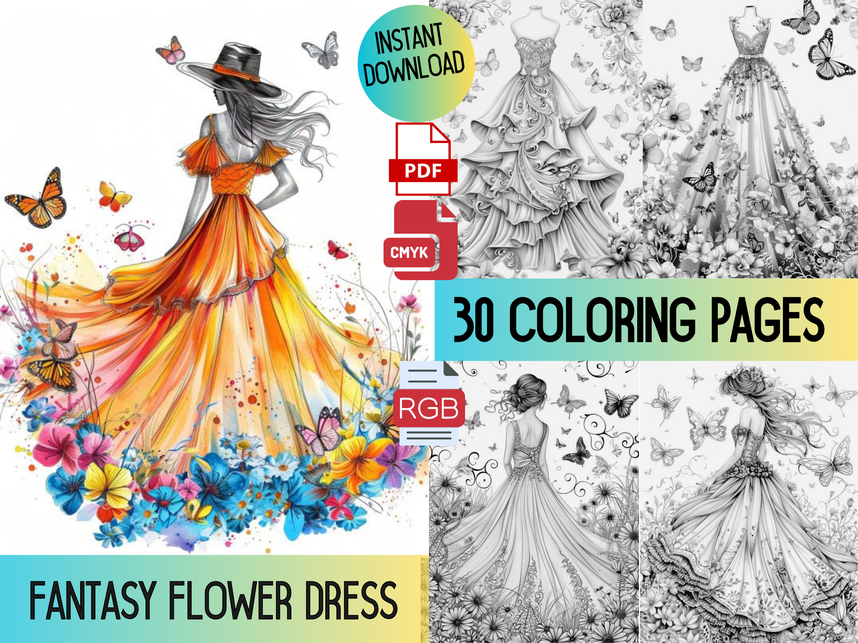 Dress Coloring Book, Flower Dress Coloring Pages, Fantasy Coloring ...