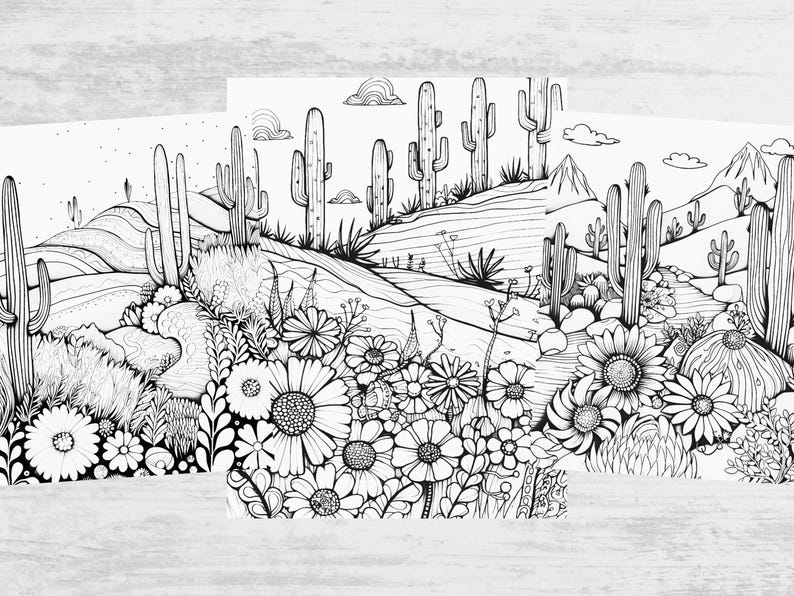 Desert Landscape Coloring Pages – Cactus & Sunset, Zentangle Art ...