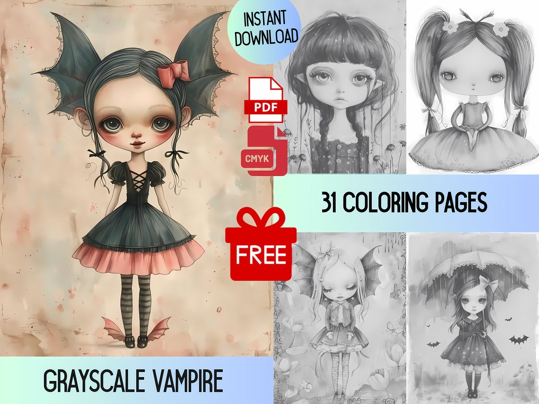 Gothic Vampire Coloring Pages, Grayscale Fantasy Art (PDF) - Etsy
