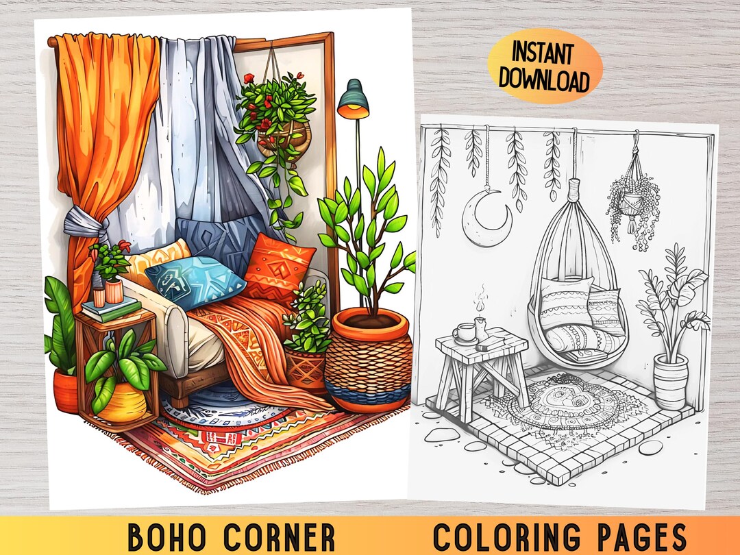 Boho Coloring Pages, Cozy Room Coloring, Pocket Room Coloring ...