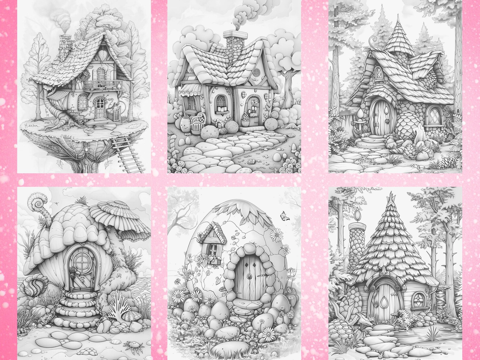Fairy House Grayscale Coloring Pages, Fantasy Cottage (PDF Pattern) - Etsy