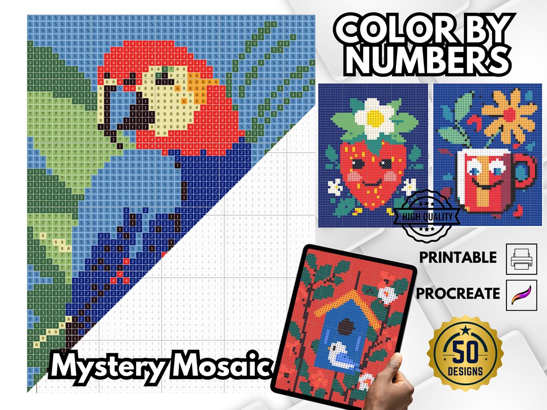 Mystery Mosaic Coloring Pages, Pixelated Color by Number (PDF) - Etsy
