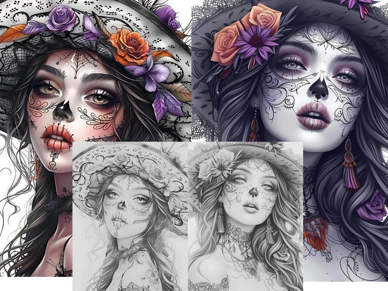 Gothic Women Grayscale Coloring Pages, Halloween Art (PDF) - Etsy