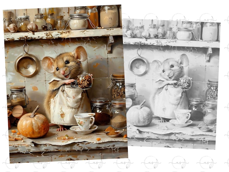 Chef Mouse Coloring Pages, Fantasy Grayscale Coloring (digital Download ...
