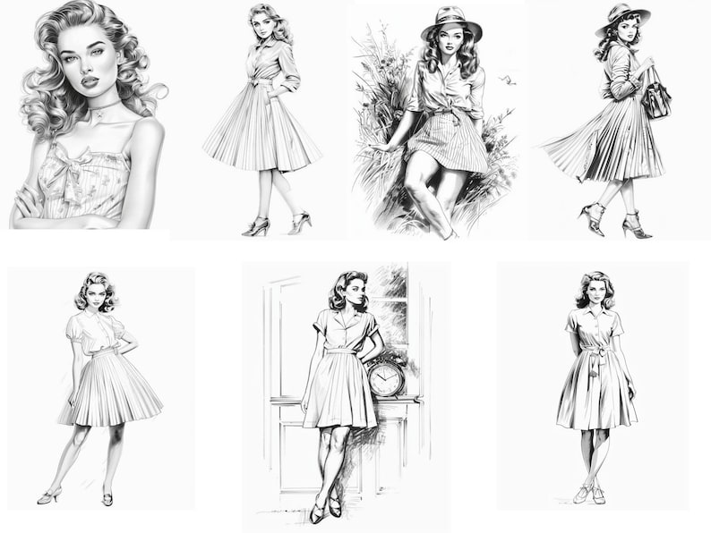 1950s Fashion Illustration Coloring Book, Vintage Style (PDF) - Etsy