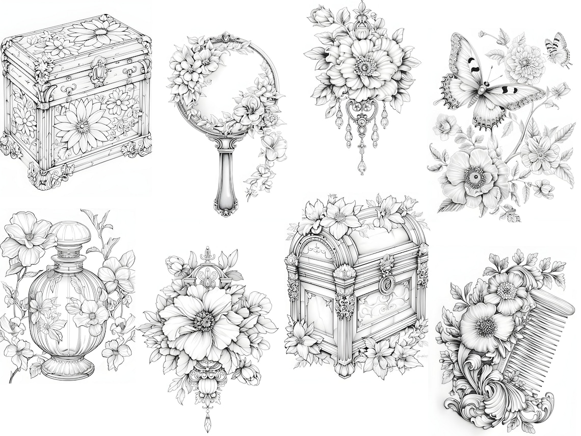 Vintage Flower Coloring Pages: Antique Jewelry & Perfume (PDF Download ...