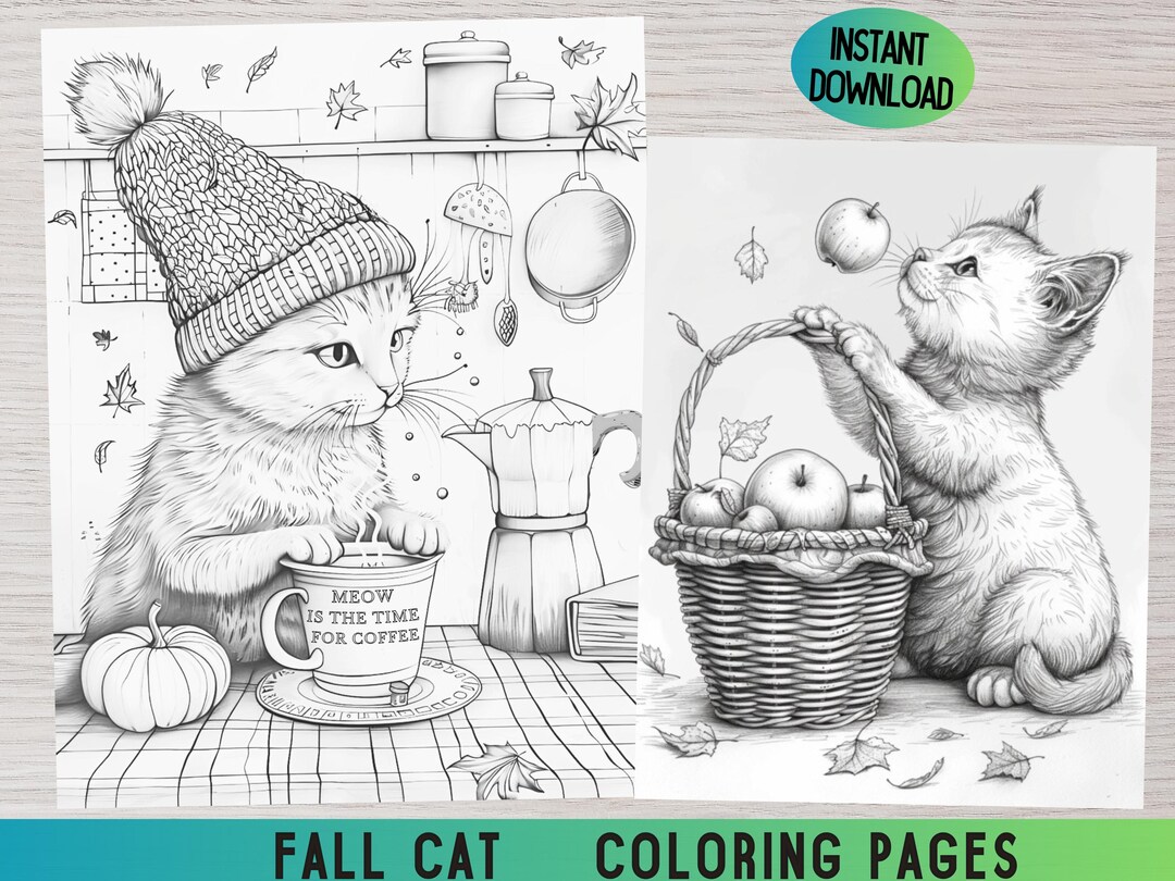 Fall Cat Coloring Pages, Autumn Kitten Designs (PDF) - Etsy