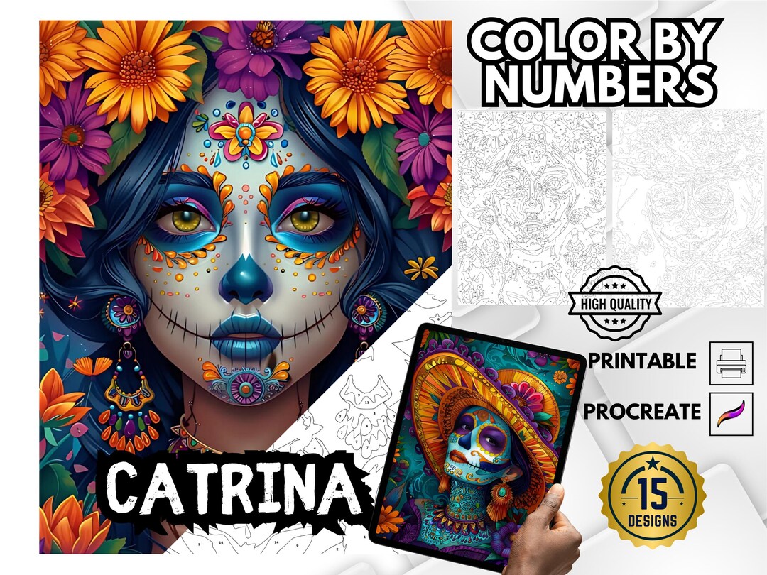 Floral Catrina Color by Number Pages, Adult Coloring Book (PDF & PNG ...