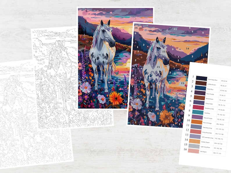 Horses Color by Number, Printable Coloring Book (PDF & PNG) - Etsy