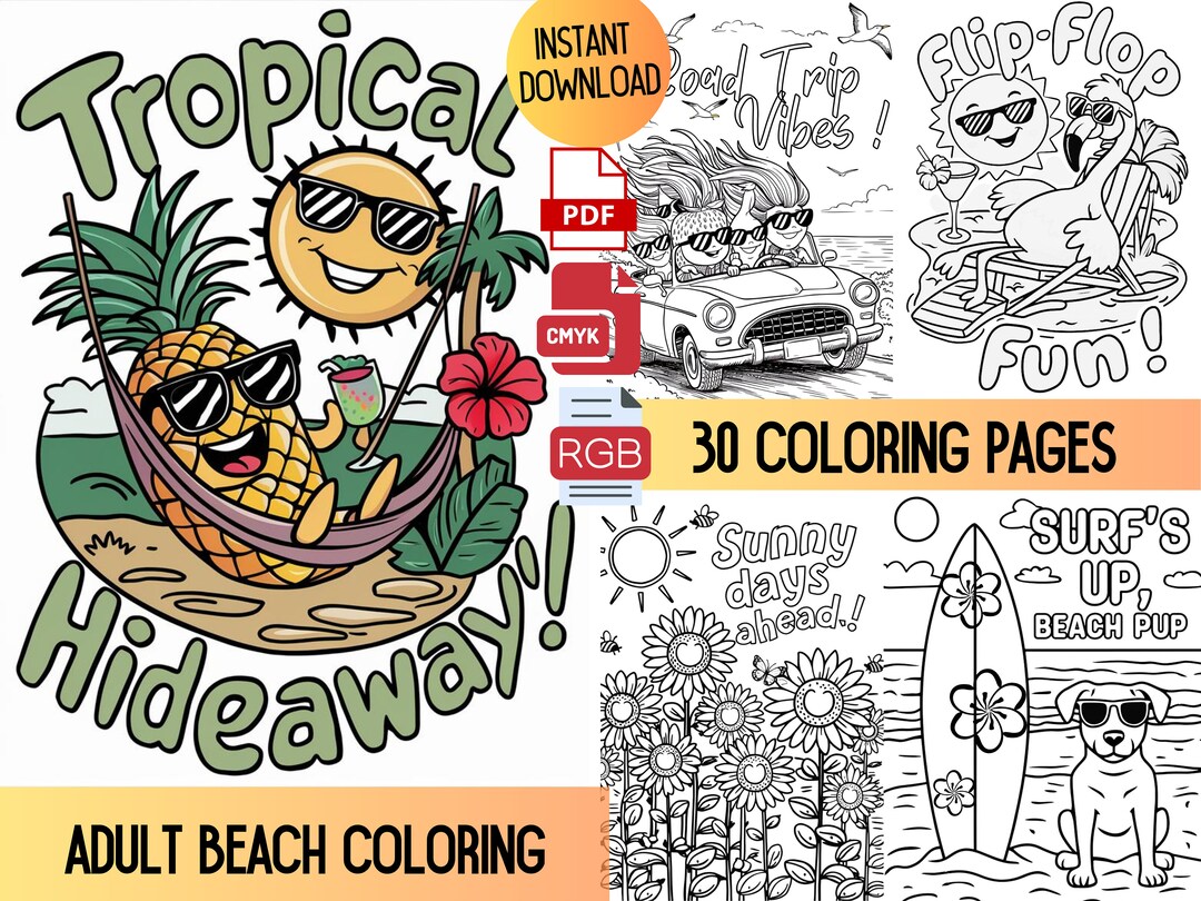 Tropical Coloring, Summer Coloring Page, Beach Coloring, Summer ...