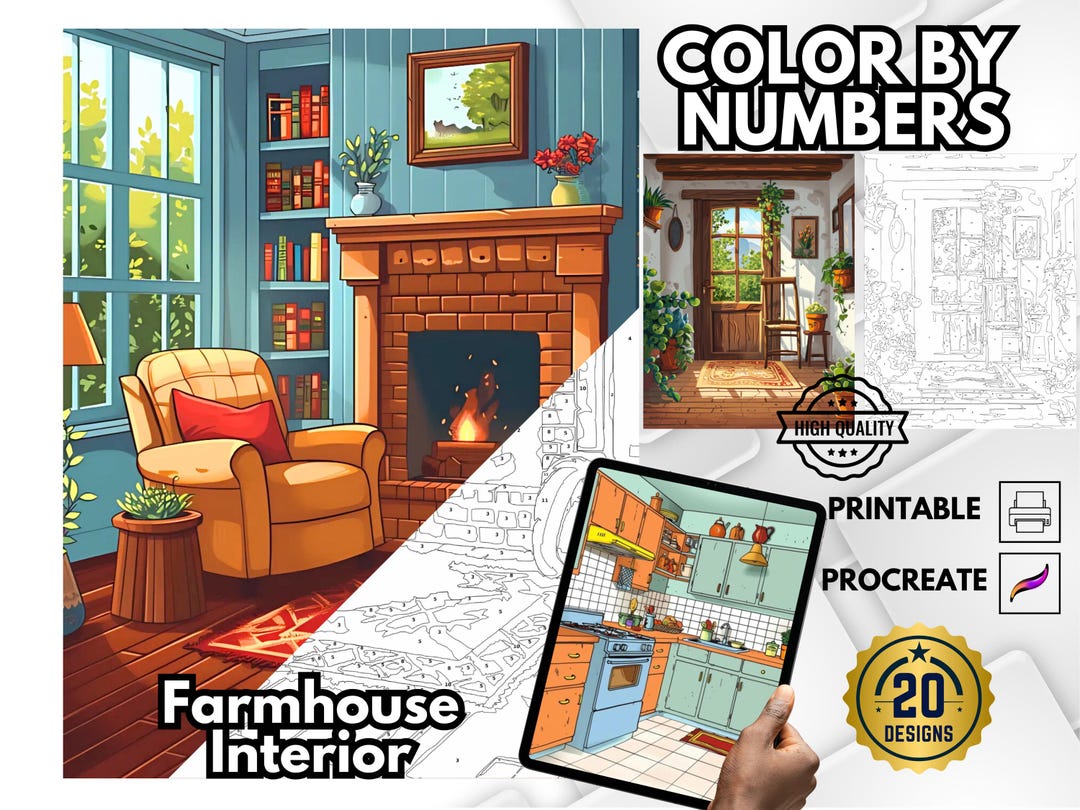 Farmhouse Interior Color by Number, Cozy Home Coloring Pages (PDF & PNG ...