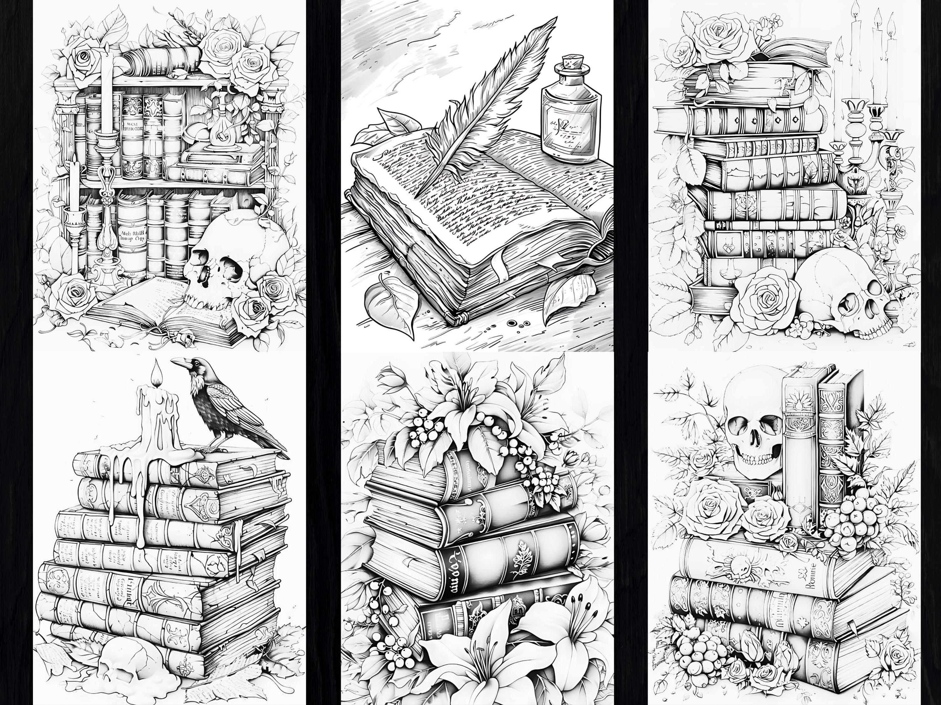 Gothic Books Coloring Pages, Skulls, Roses, Ravens (printable) - Etsy