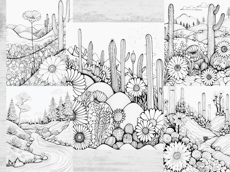 Desert Landscape Coloring Pages – Cactus & Sunset, Zentangle Art ...