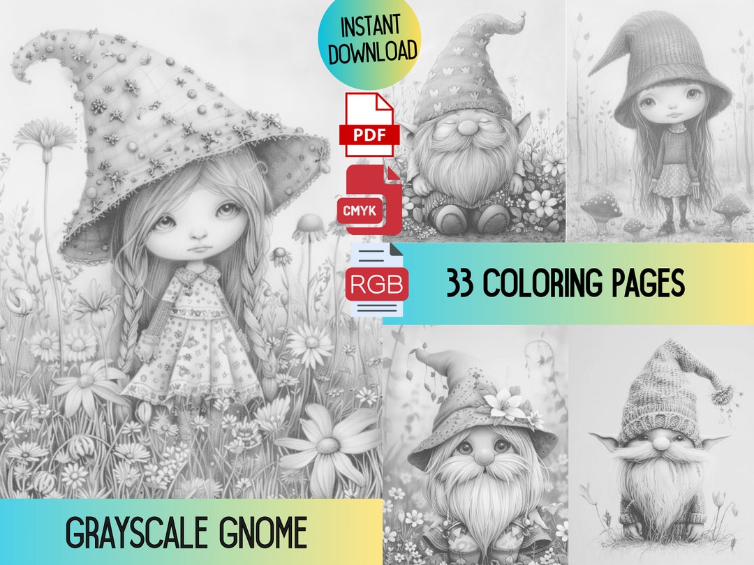 Gnome Coloring Page, Gnome Coloring/cute Gnome Coloring Page, Grayscale ...