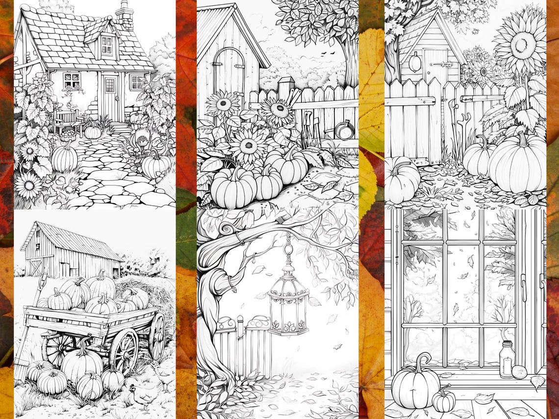 Autumn Coloring Pages, Pumpkins, Leaves (printable) - Etsy