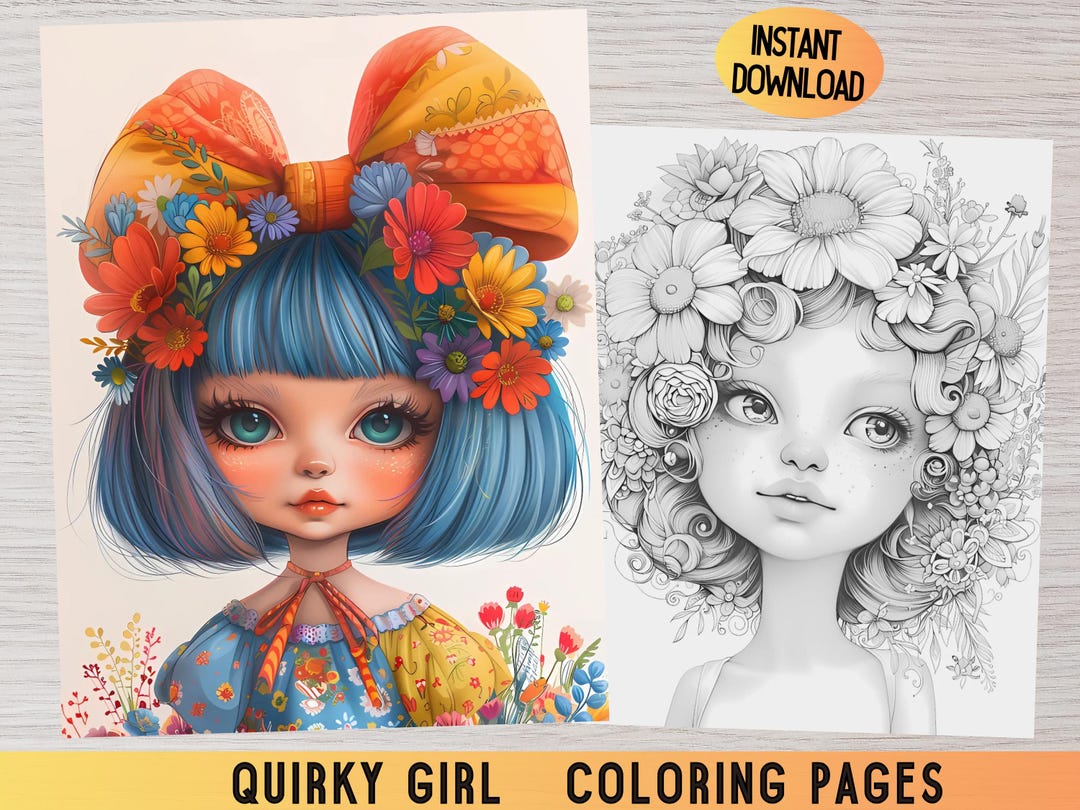 Quirky Girl Coloring Page, Floral Hair, Funny Coloring (digital ...