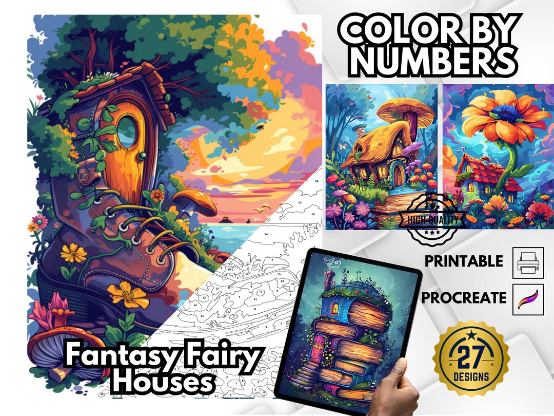 Color by Number Fantasy Pages for Adults, Fairy Houses Coloring, Color ...