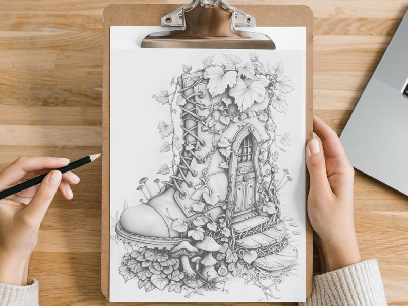 Fairy House Grayscale Coloring Pages, Fantasy Cottage (PDF Pattern) - Etsy