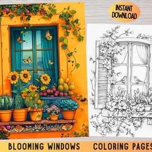 Floral Window Coloring Pages, Printable Botanical Art (digital Download ...